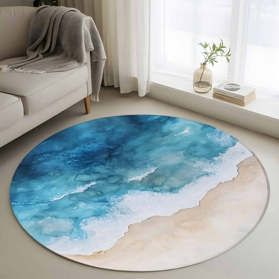 3.3ft Round Rug, Blue Beach Coastal Non-Skid Rubber Backing Large Area ...