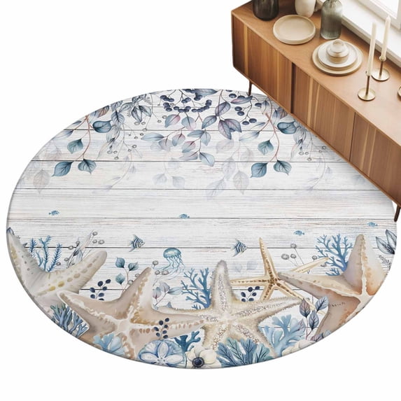 3.3ft Round Rug Blue Beige Coastal Area Rugs for Living Room Bedroom ...