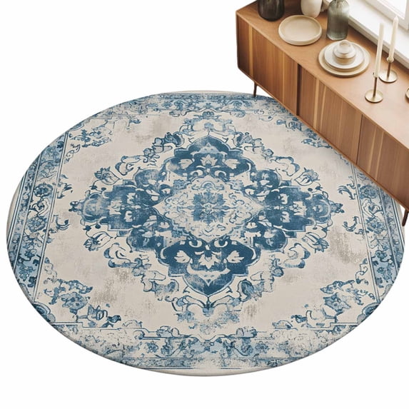 3.3ft Round Rug Blue Boho Area Rugs for Living Room Bedroom Washable ...
