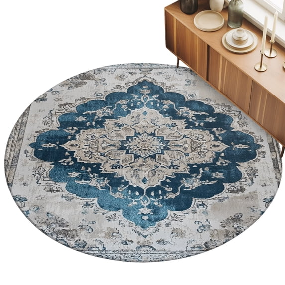 3.3ft Round Rug Blue Boho Floral Area Rugs for Living Room Bedroom ...