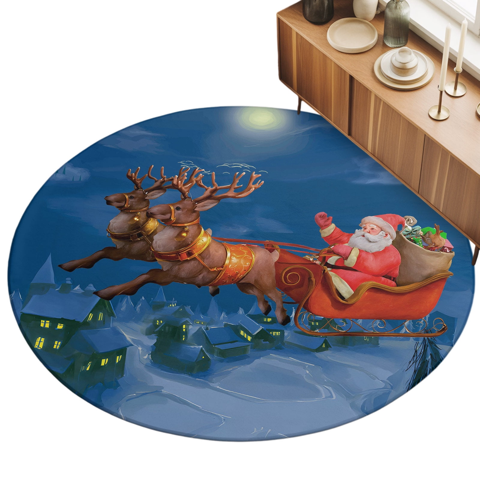3.3ft Round Rug Blue Christmas Santa Area Rugs for Living Room Bedroom ...
