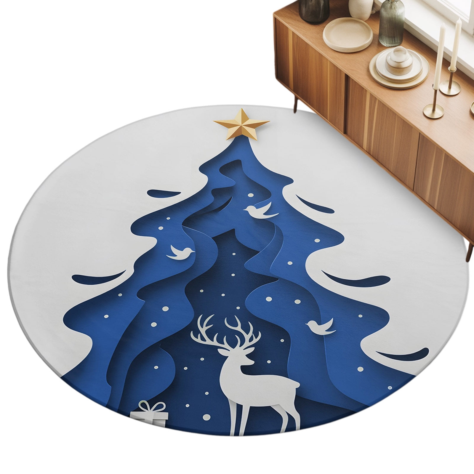 3.3ft Round Rug Blue Christmas Tree Area Rugs for Living Room Bedroom ...