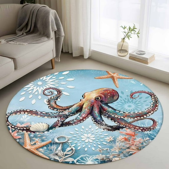 3.3ft Round Rug, Blue Coastal Octopus Non-Skid Rubber Backing Large ...