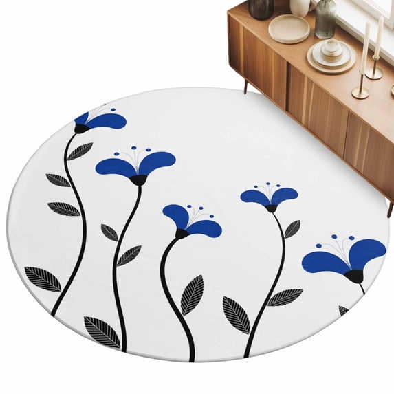 3.3ft Round Rug Blue Flowers Area Rugs for Living Room Bedroom Washable ...