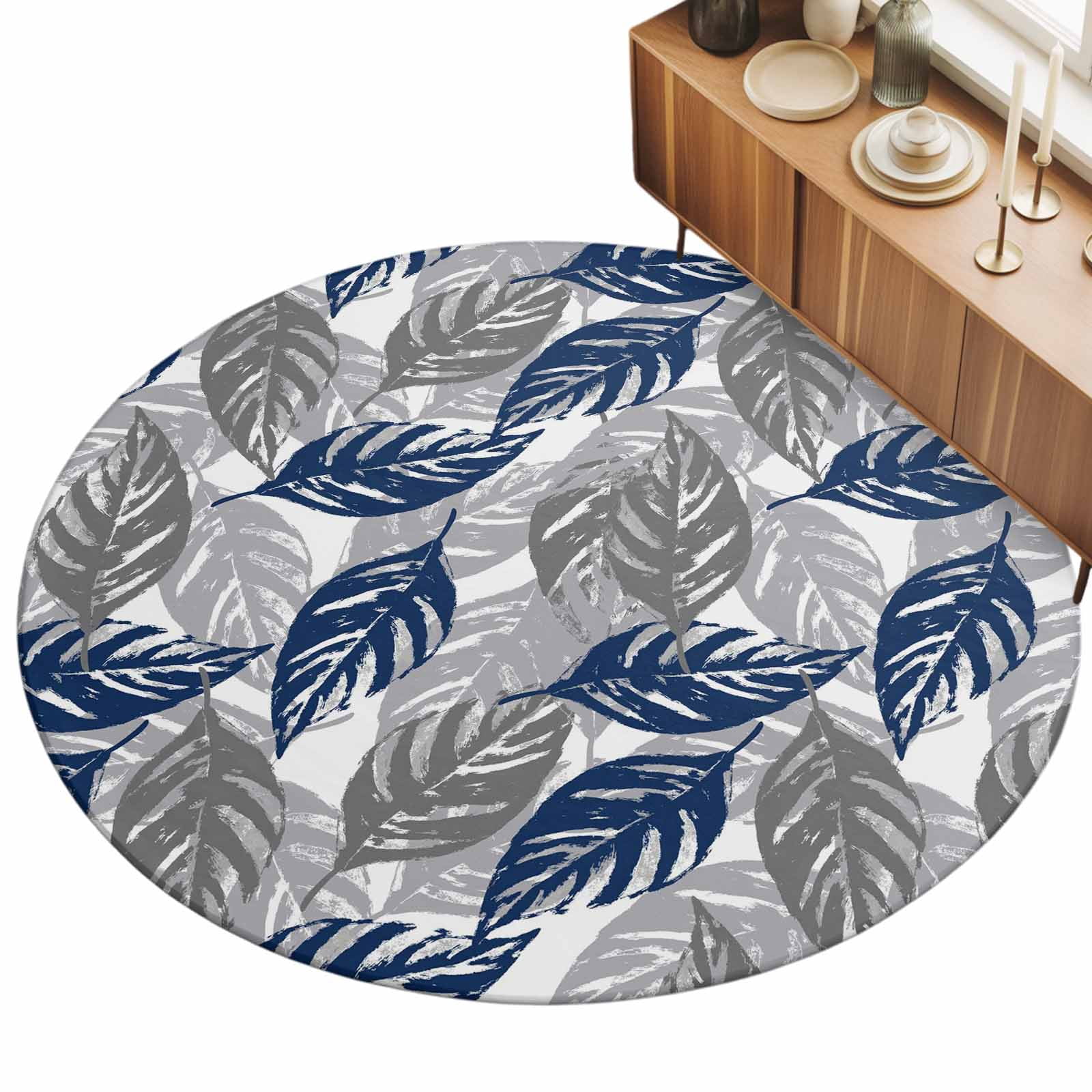 3.3ft Round Rug Blue Grey Leaves Area Rugs for Living Room Bedroom ...