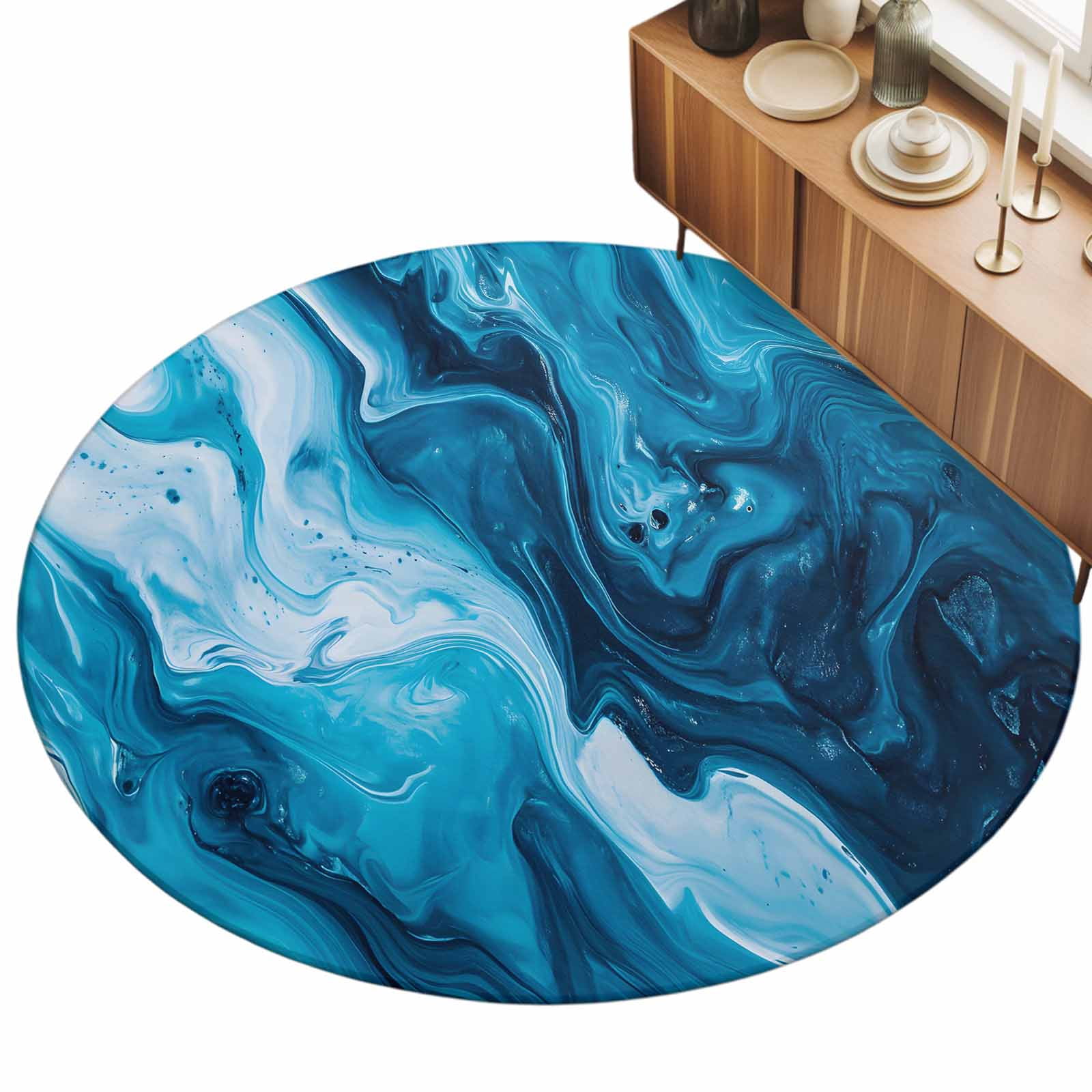 3.3ft Round Rug Blue Marble Area Rugs for Living Room Bedroom Washable ...