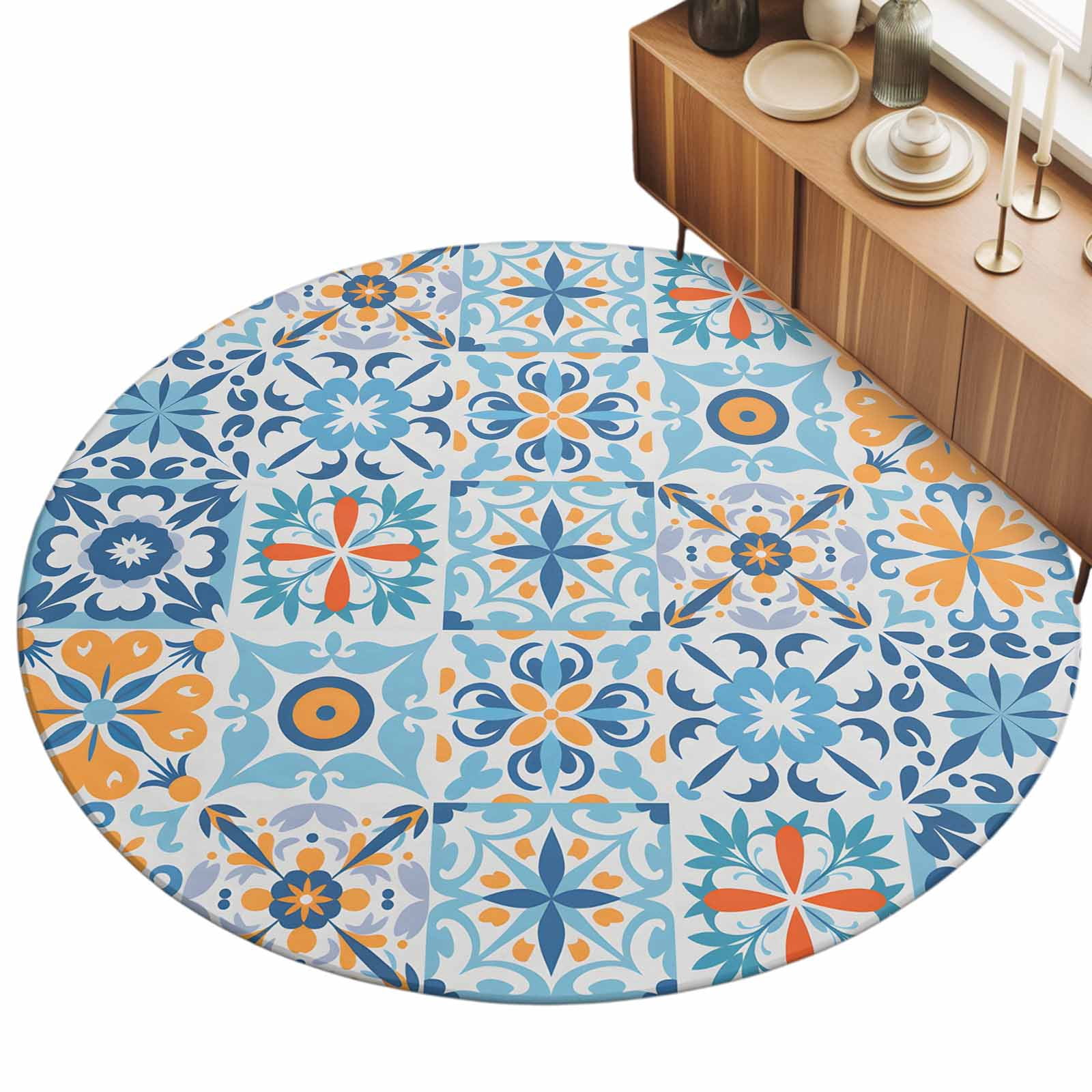 3.3ft Round Rug Blue Mediterranean Area Rugs for Living Room Bedroom ...