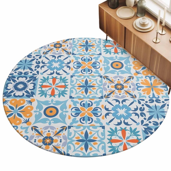 3.3ft Round Rug Blue Mediterranean Area Rugs for Living Room Bedroom ...
