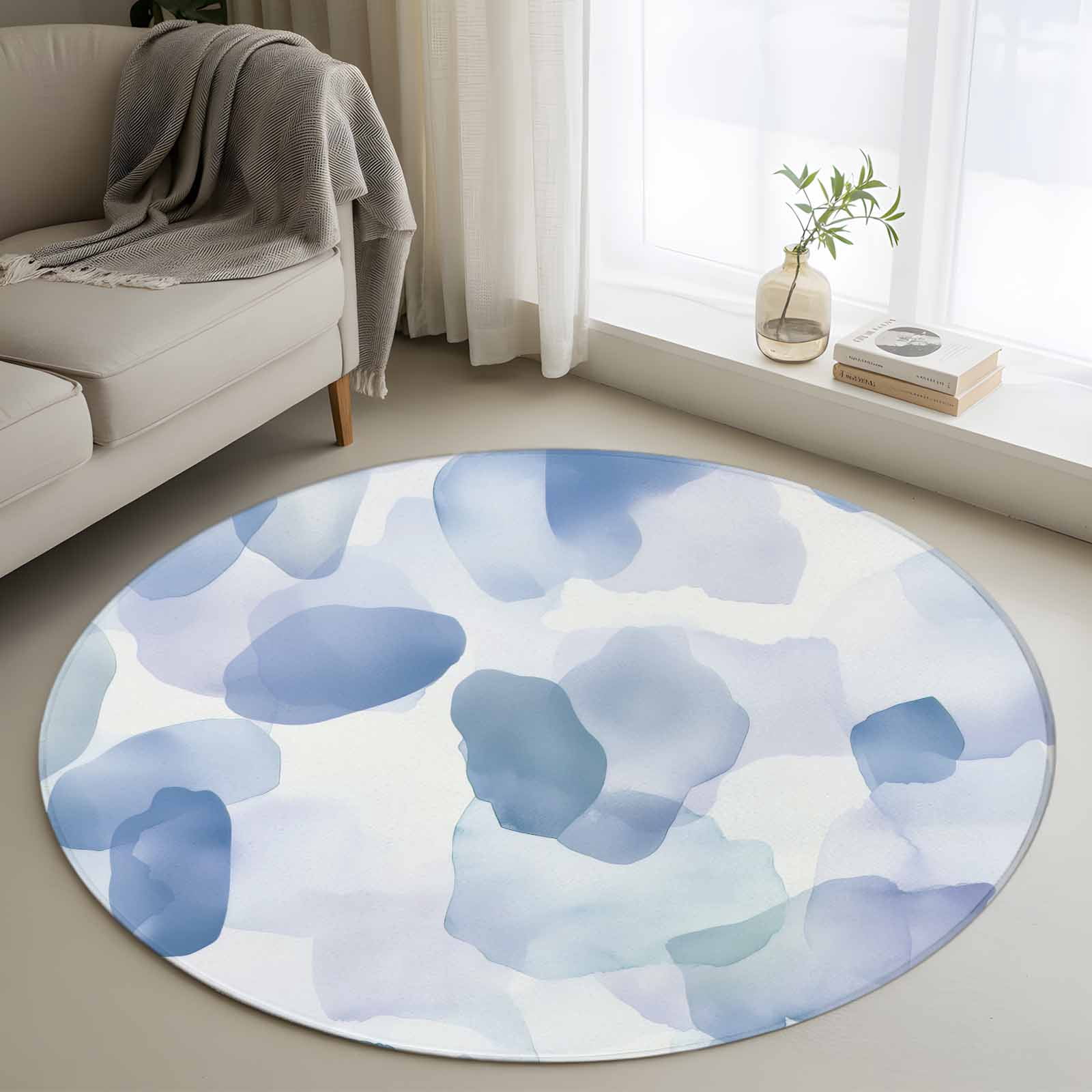 3.3ft Round Rug, Blue Non-Skid Rubber Backing Large Area Rugs - Living ...