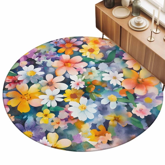 3.3ft Round Rug Blue Yellow Flowers Area Rugs for Living Room Bedroom ...