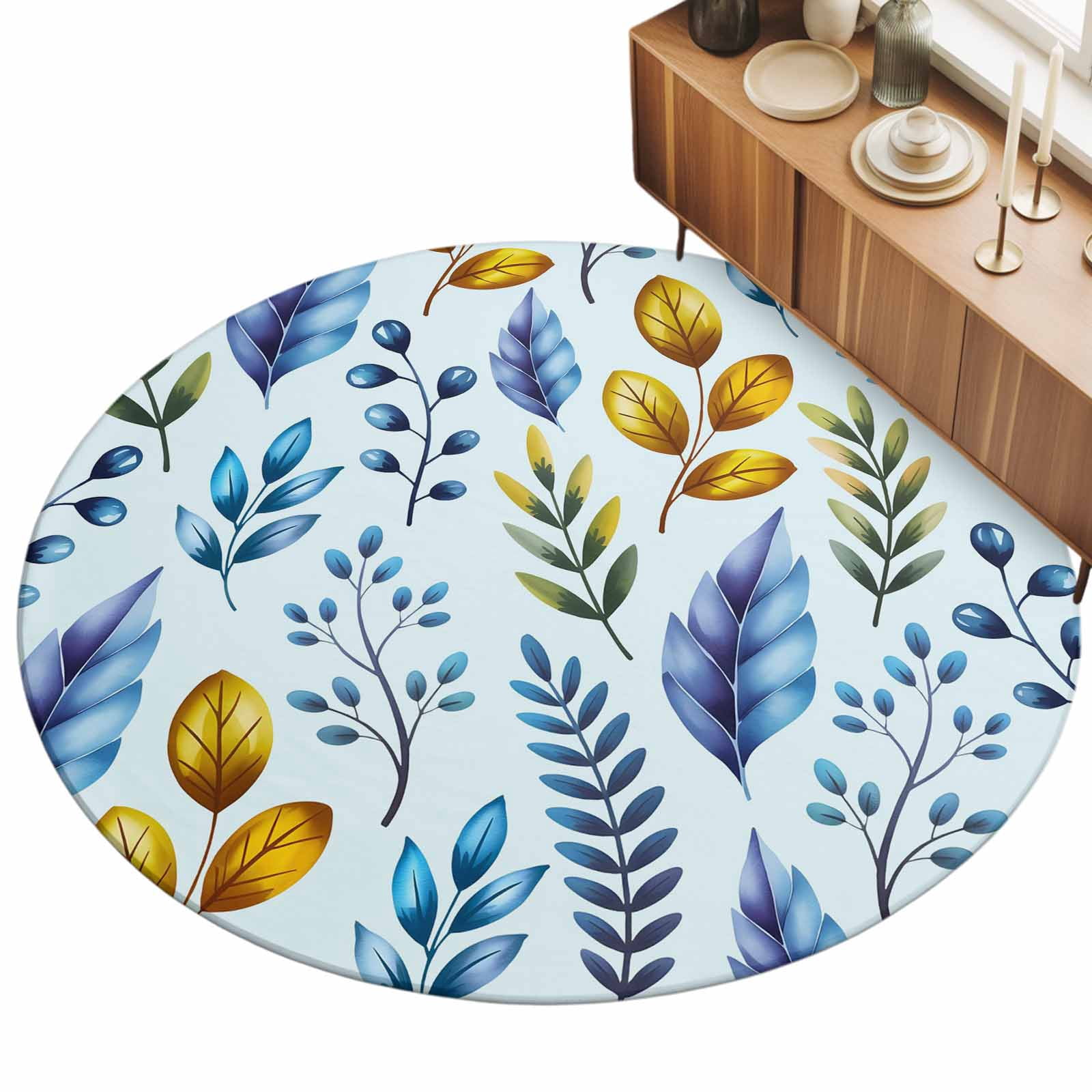 3.3ft Round Rug Blue Yellow Leaves Area Rugs for Living Room Bedroom ...