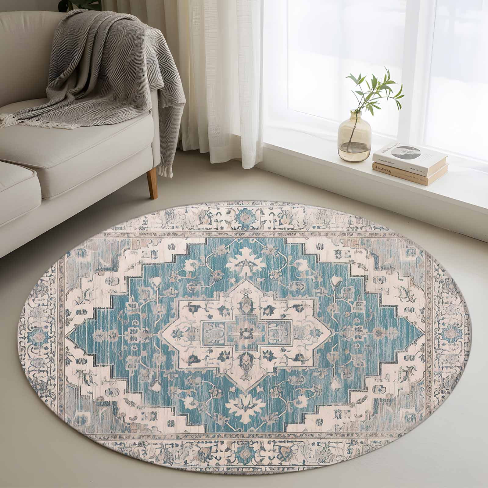 3.3ft Round Rug, Boho Blue Non-Skid Rubber Backing Large Area Rugs ...
