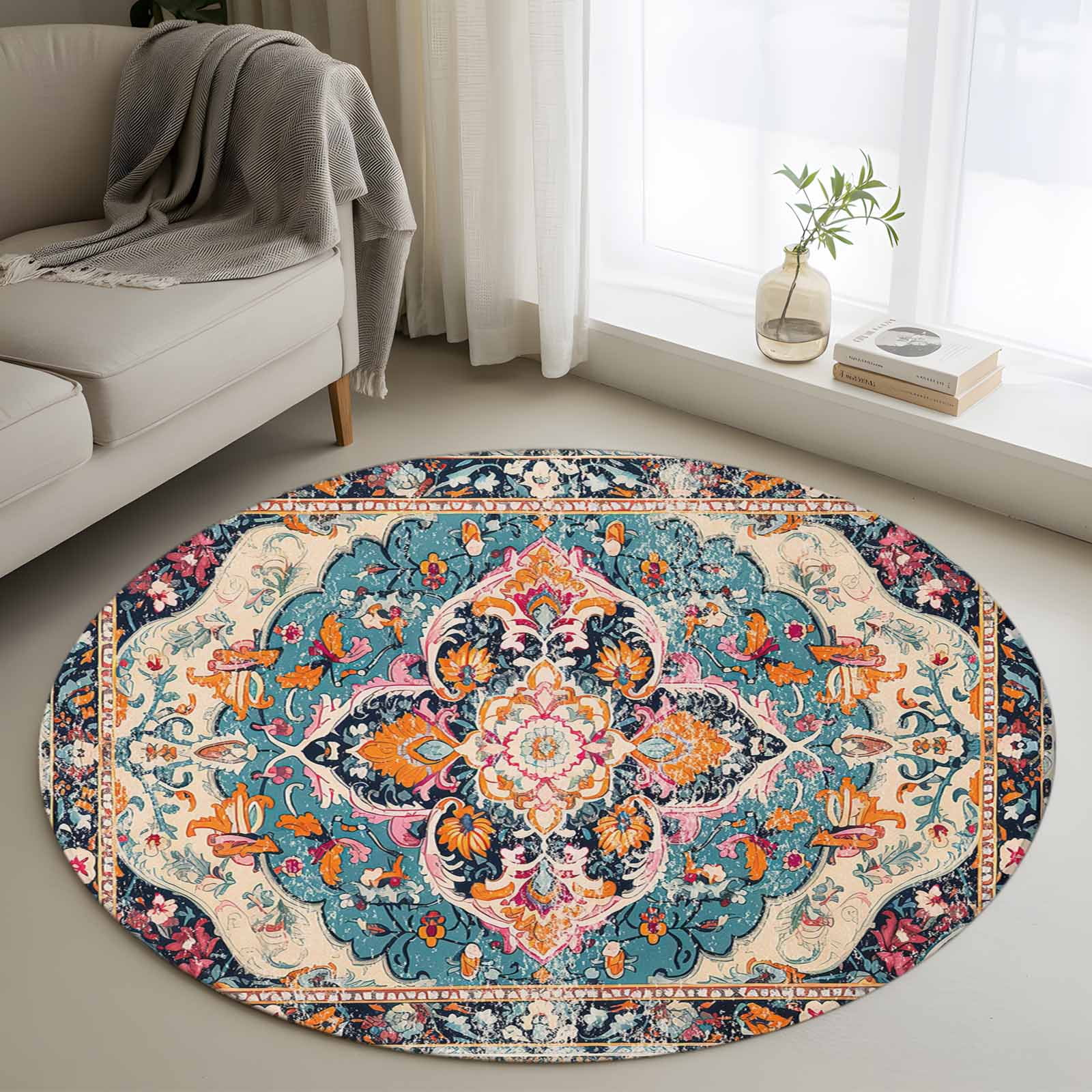 3.3ft Round Rug, Boho Colorful Non-Skid Rubber Backing Large Area Rugs ...