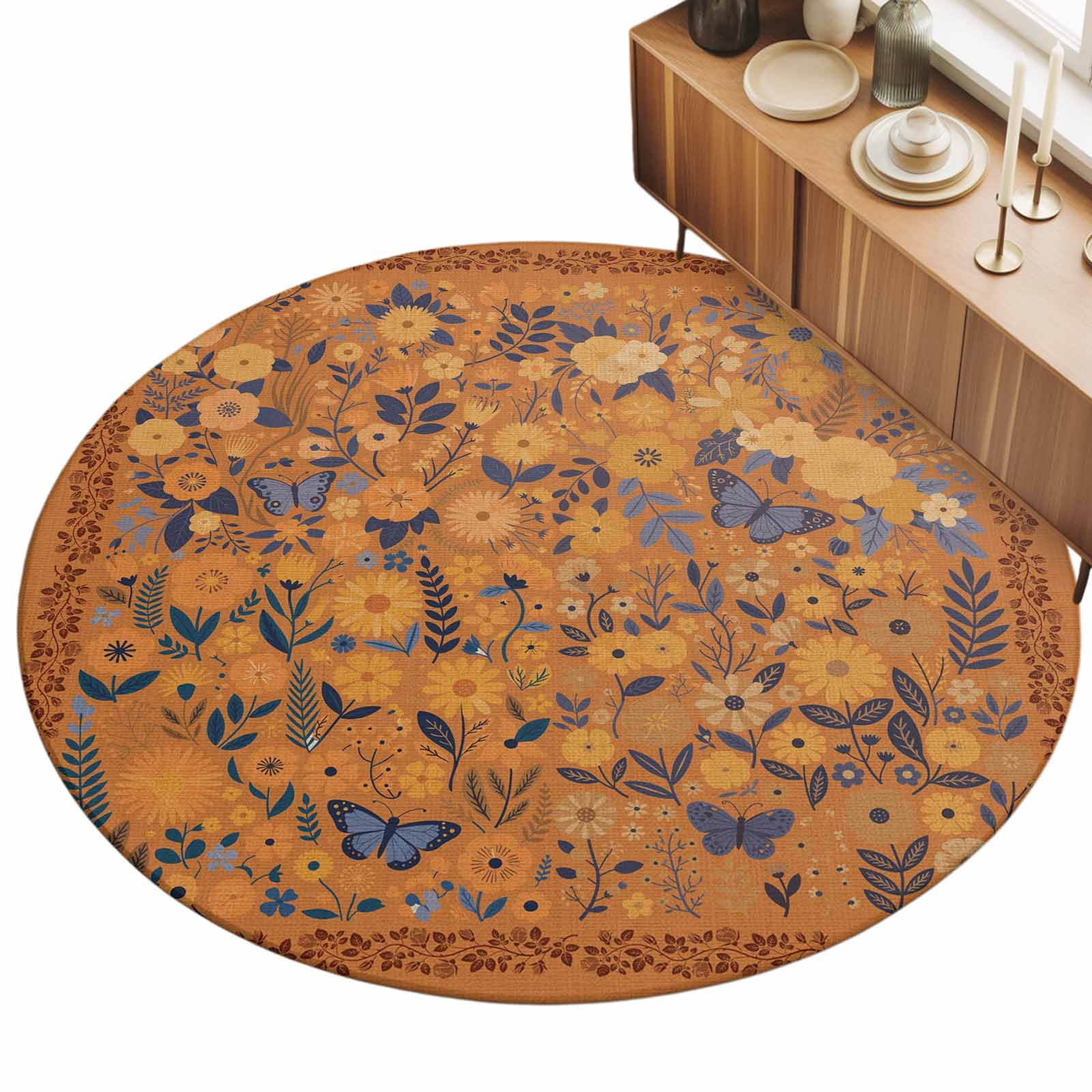 3.3ft Round Rug Boho Yellow Flowers Area Rugs for Living Room Bedroom ...