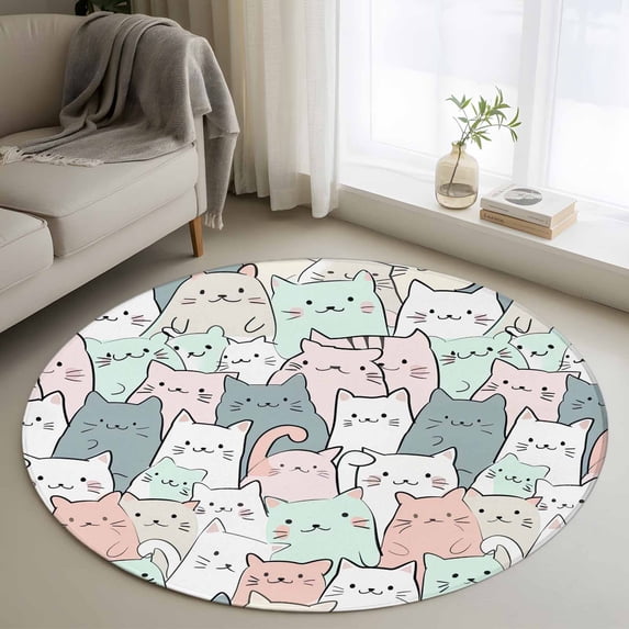 3.3ft Round Rug, Cartoon Cat Non-Skid Rubber Backing Large Area Rugs ...