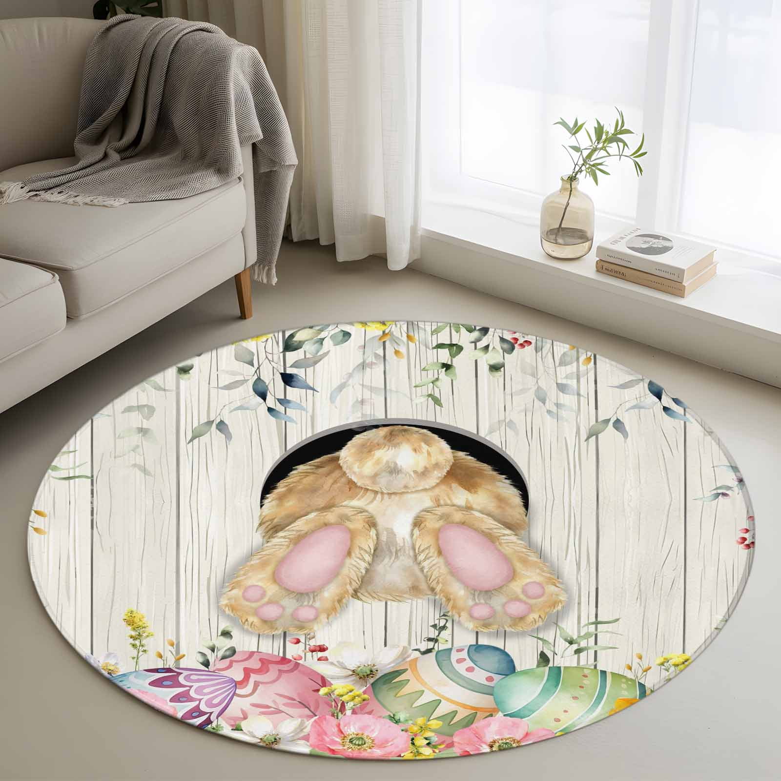 3.3ft Round Rug, Easter Bunny Non-Skid Rubber Backing Large Area Rugs ...