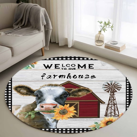 3.3ft Round Rug, Farm Cow Non-Skid Rubber Backing Large Area Rugs ...