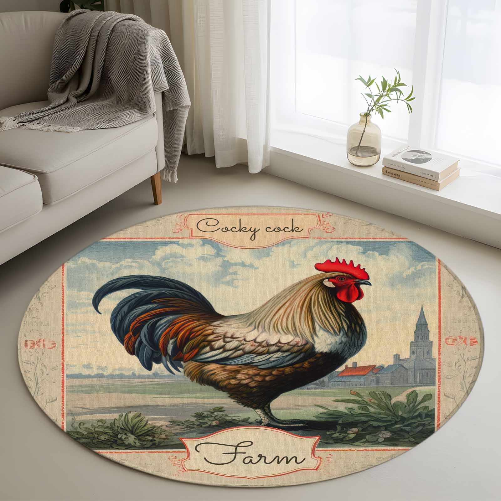 3.3ft Round Rug, Farm Rooster Non-Skid Rubber Backing Large Area Rugs ...