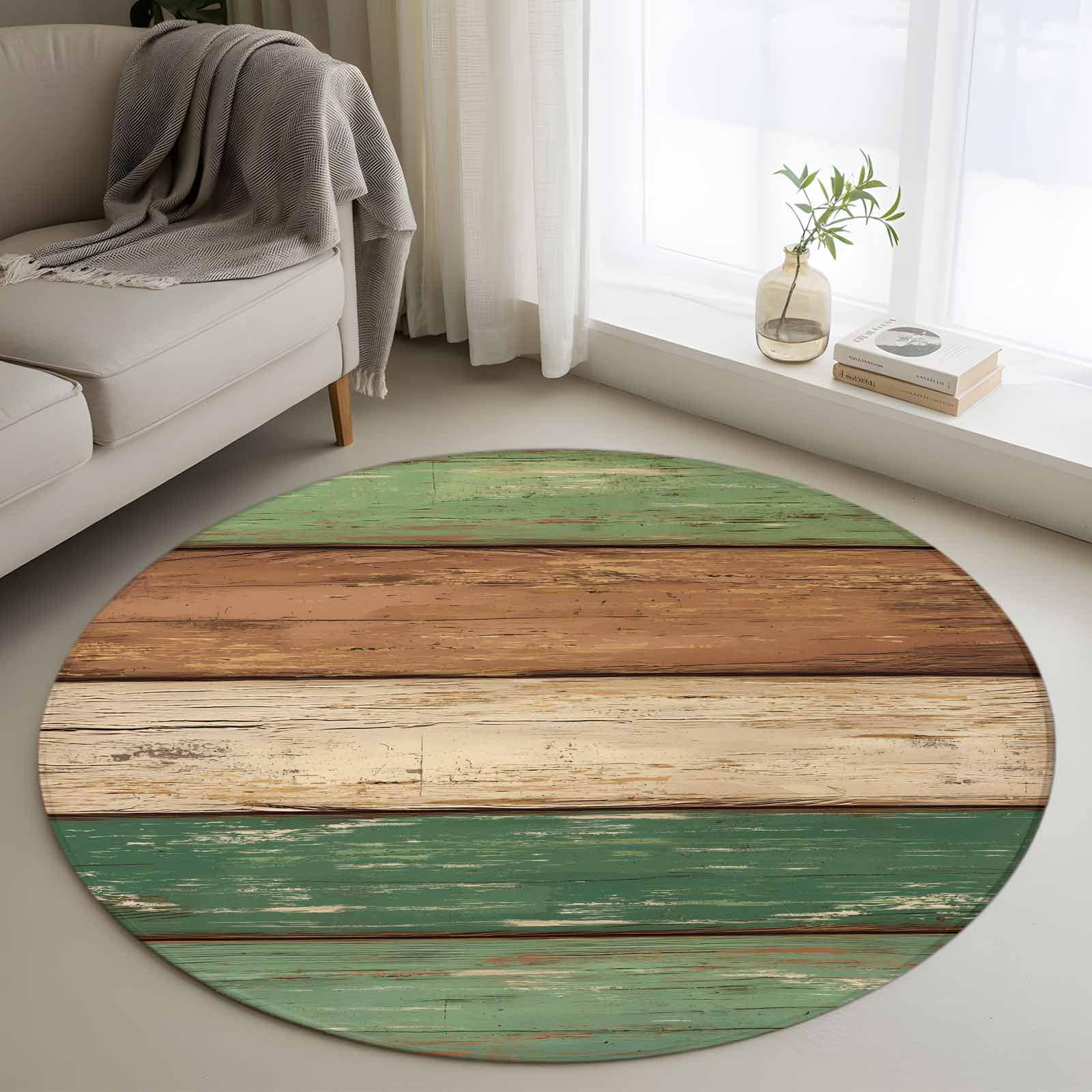 3.3ft Round Rug, Farmhouse Dark Sage Green Brown Non-Skid Rubber ...