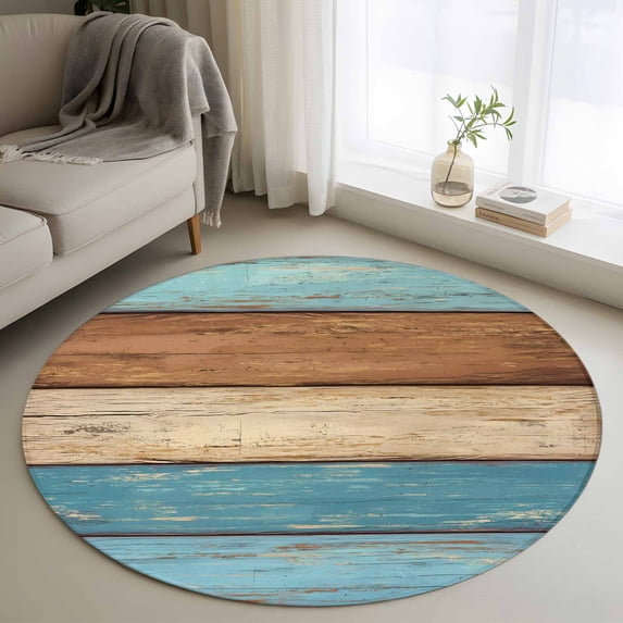 3.3ft Round Rug, Farmhouse Light Blue Brown Non-Skid Rubber Backing ...