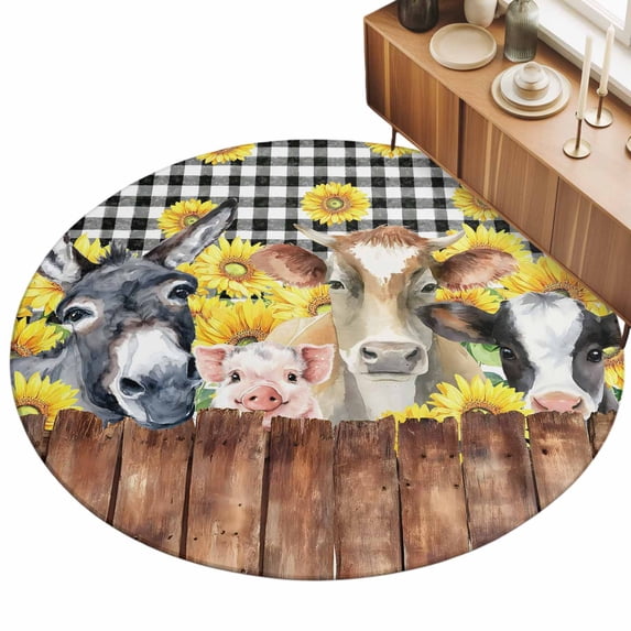 3.3ft Round Rug Farmhouse Pig Cow Wooden Area Rugs for Living Room ...