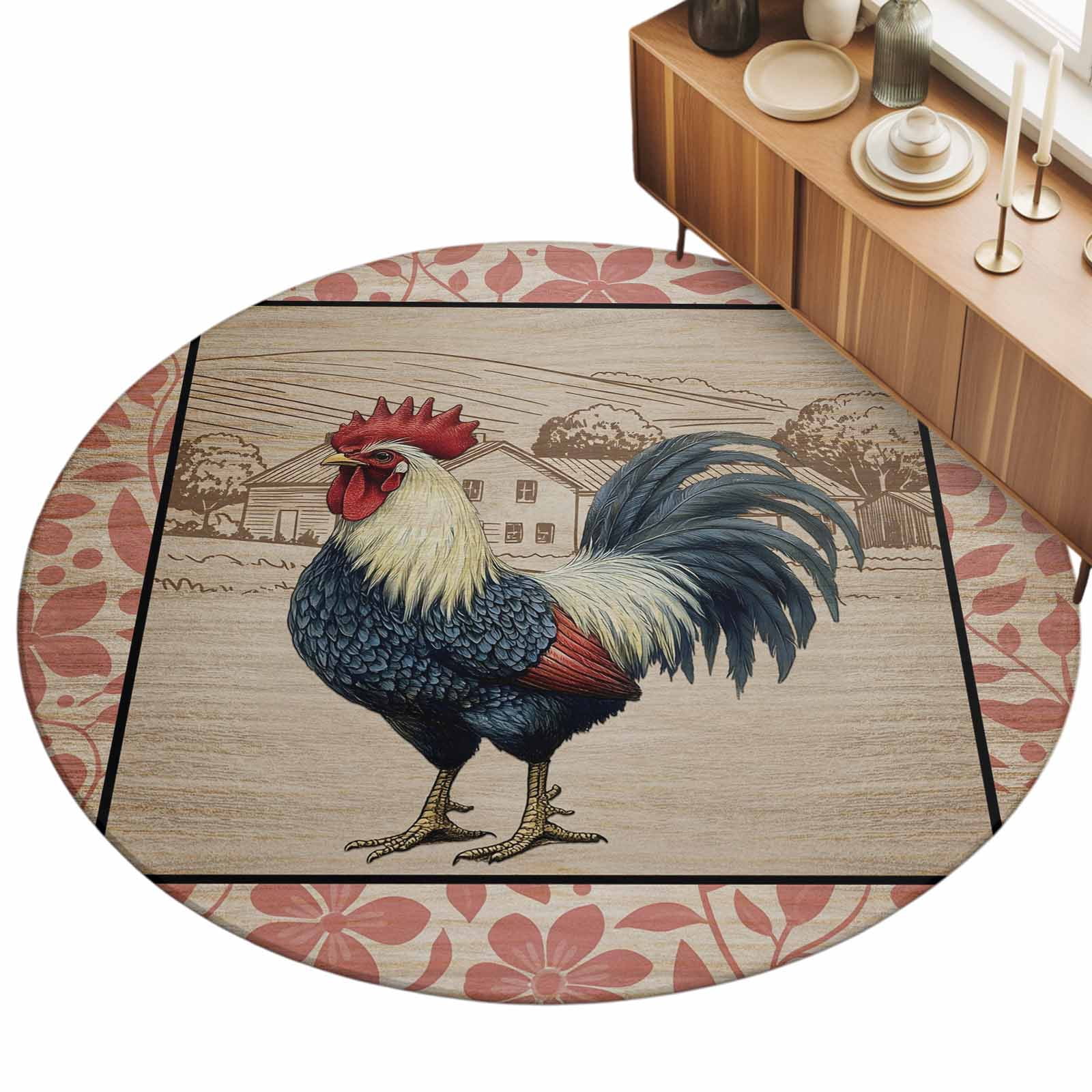 3.3ft Round Rug Farmhouse Roosters Area Rugs for Living Room Bedroom ...