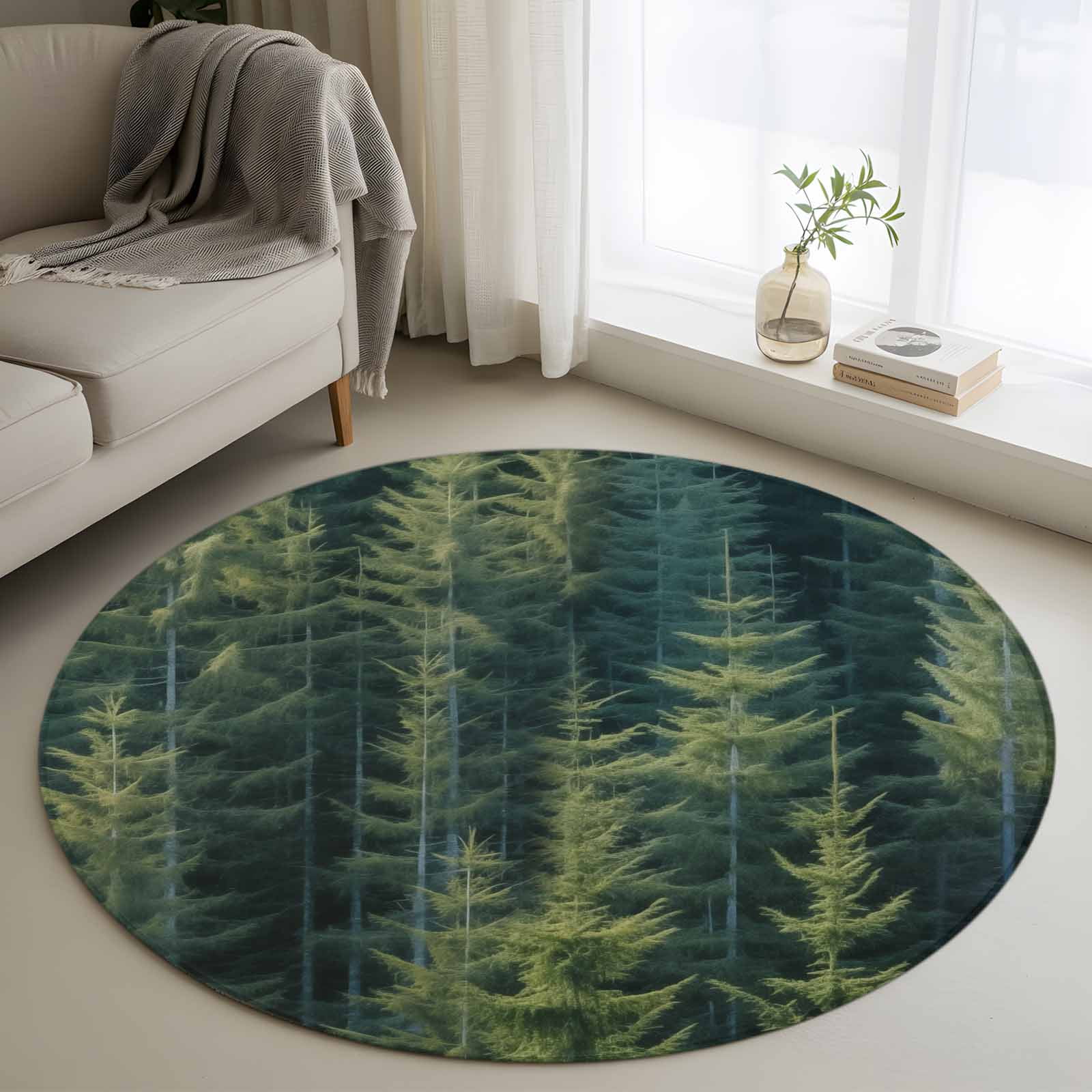 3.3ft Round Rug, Green Forest Non-Skid Rubber Backing Large Area Rugs ...