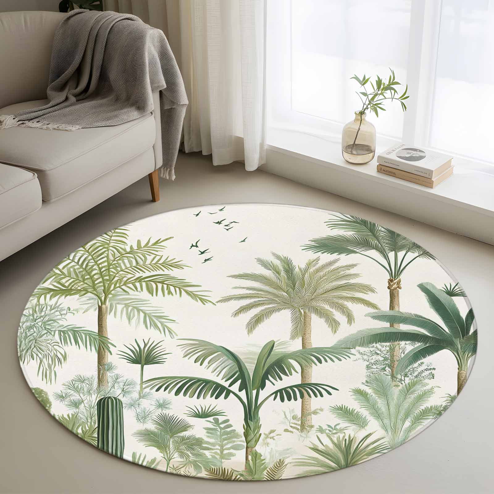 3.3ft Round Rug, Green Palm Trees Non-Skid Rubber Backing Large Area ...