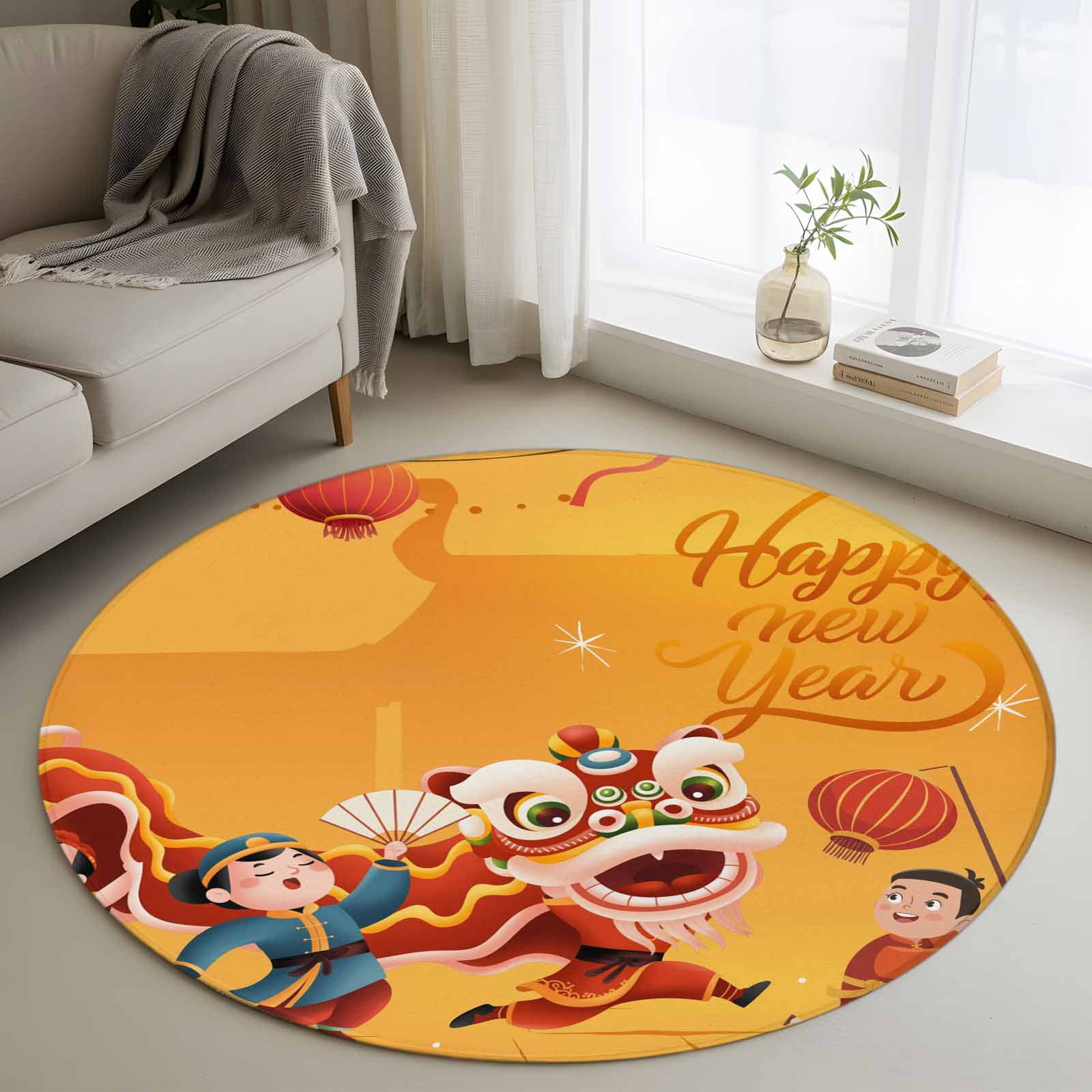 3.3ft Round Rug, Happy New Year Non-Skid Rubber Backing Large Area Rugs ...