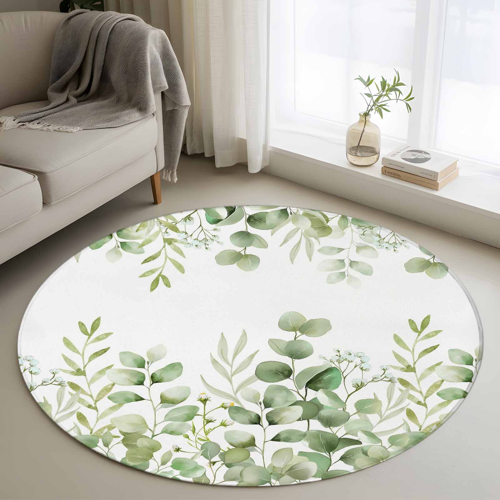 3.3ft Round Rug, Light Green Eucalyptus Leaves Non-Skid Rubber Backing ...