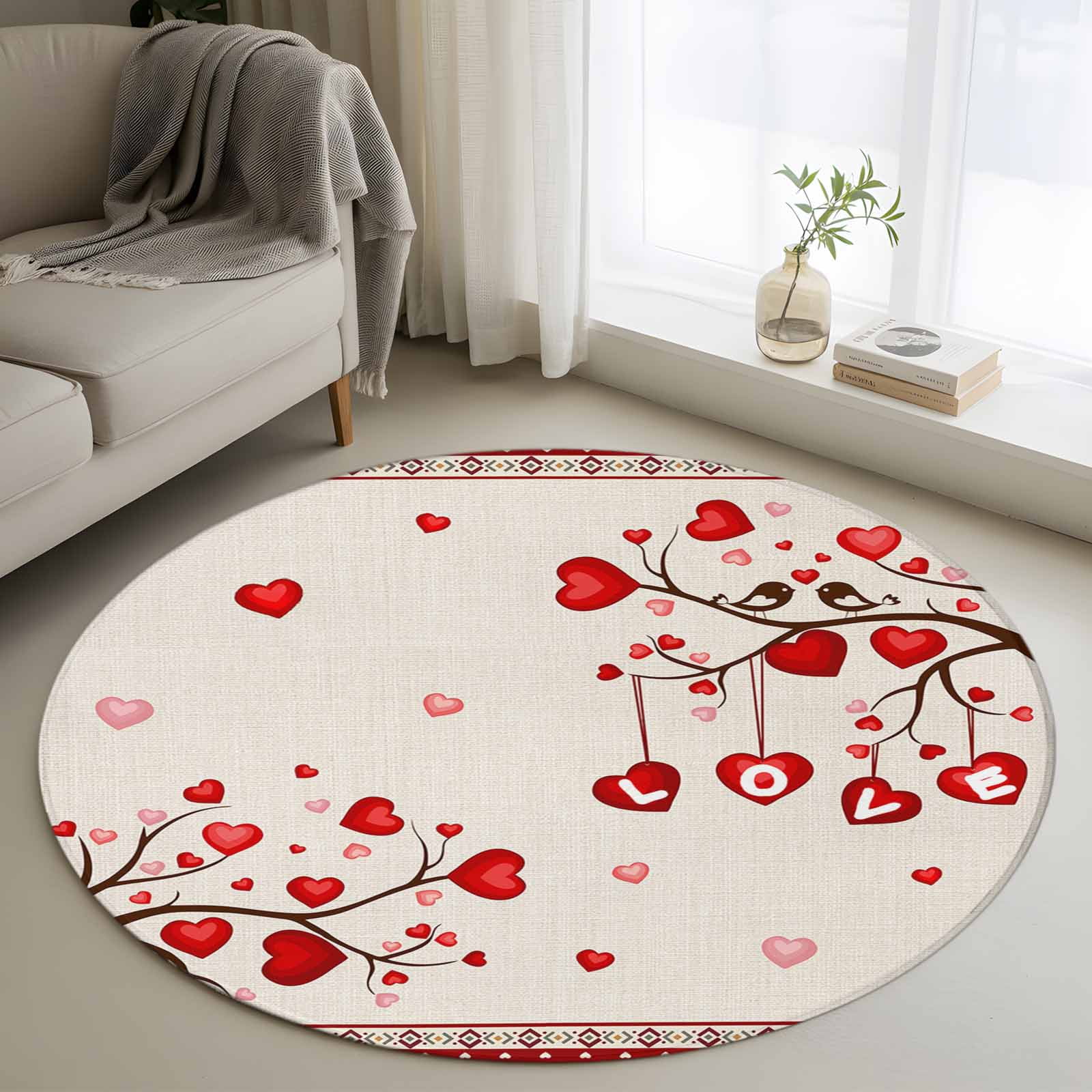 3.3ft Round Rug, Love-Tree-Bird, Non-Skid Rubber Backing Large Area ...