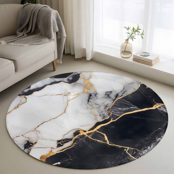 3.3ft Round Rug, Marble Black Non-Skid Rubber Backing Large Area Rugs ...