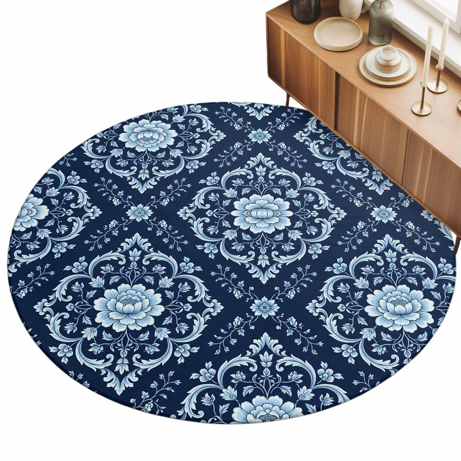 3.3ft Round Rug Navy Blue Flowers Area Rugs for Living Room Bedroom ...
