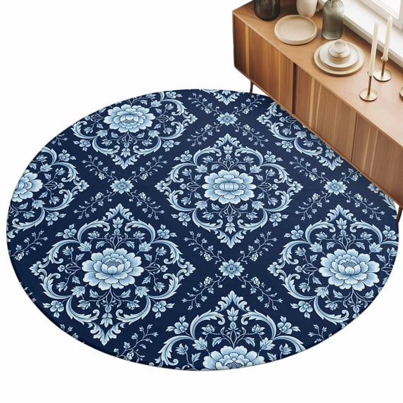 3.3ft Round Rug Navy Blue Flowers Area Rugs for Living Room Bedroom ...