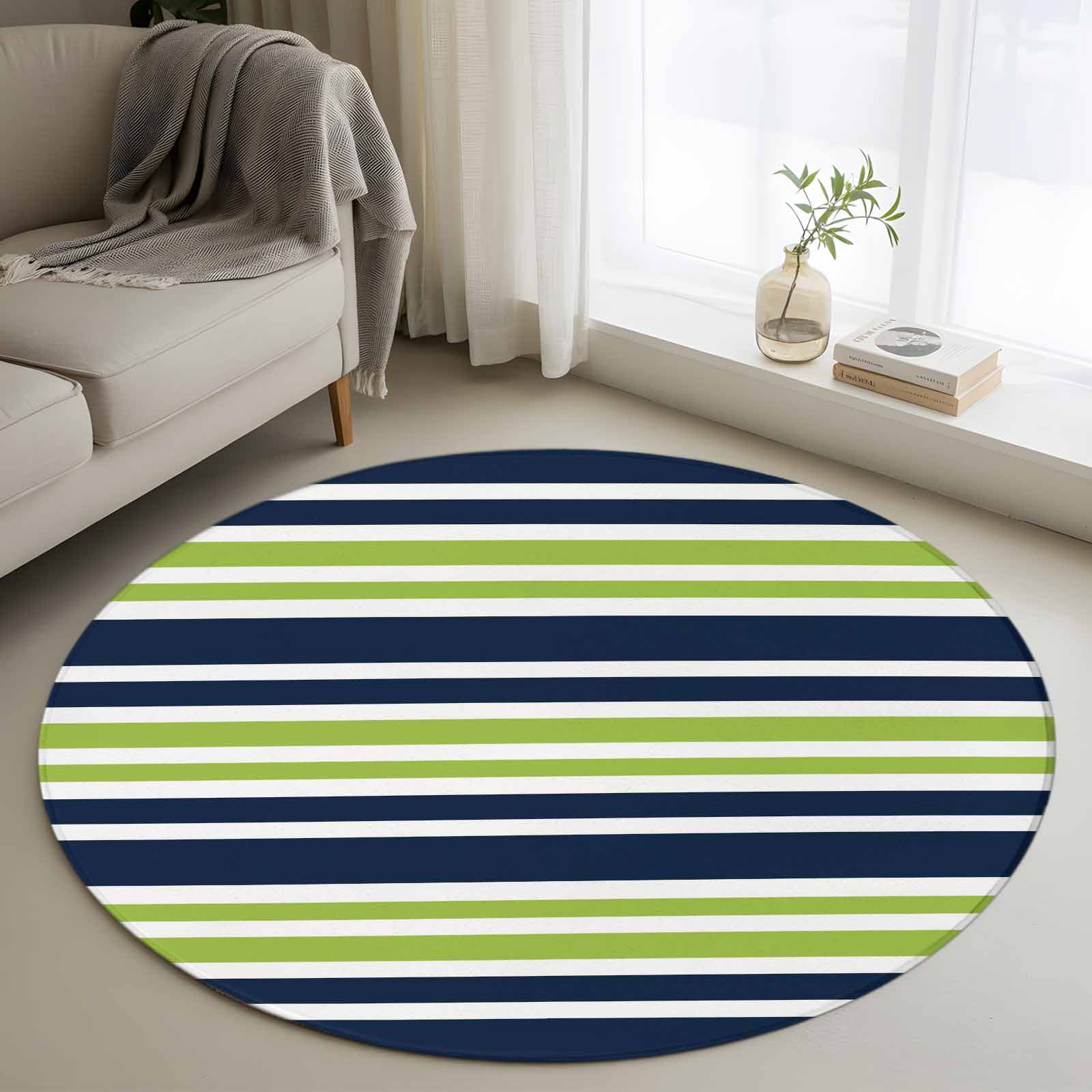 3.3ft Round Rug, Navy Blue Green Striped Non-Skid Rubber Backing Large ...