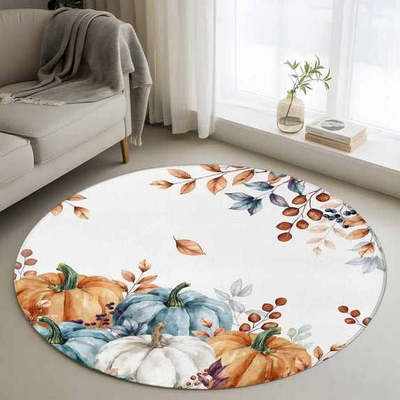 3.3ft Round Rug, Orange Blue Grey Fall Non-Skid Rubber Backing Large ...