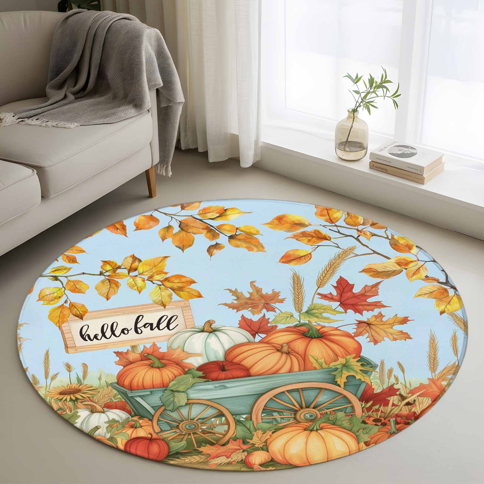 3.3ft Round Rug, Orange Fall Pumpkins Non-Skid Rubber Backing Large ...