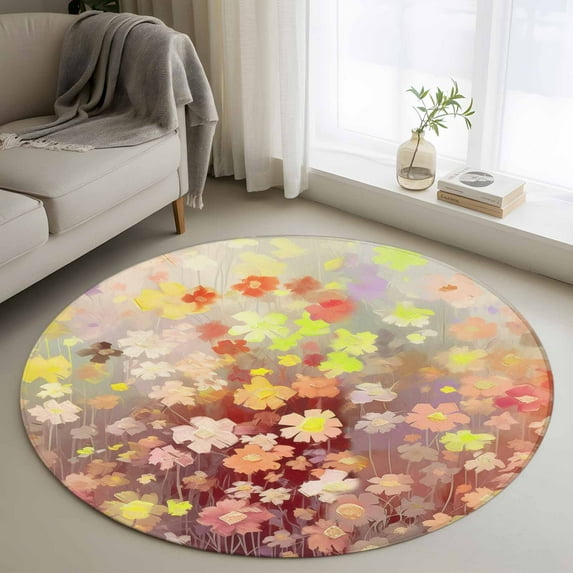 3.3ft Round Rug, Orange Spring Floral Non-Skid Rubber Backing Large ...