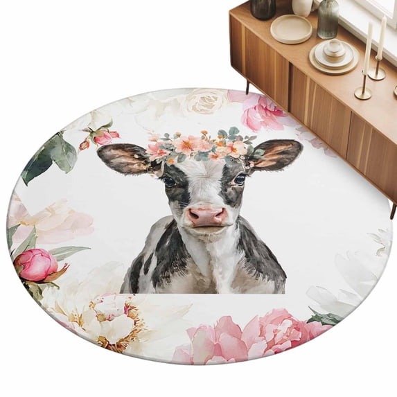 3.3ft Round Rug Pink Cow Area Rugs for Living Room Bedroom Washable Non ...