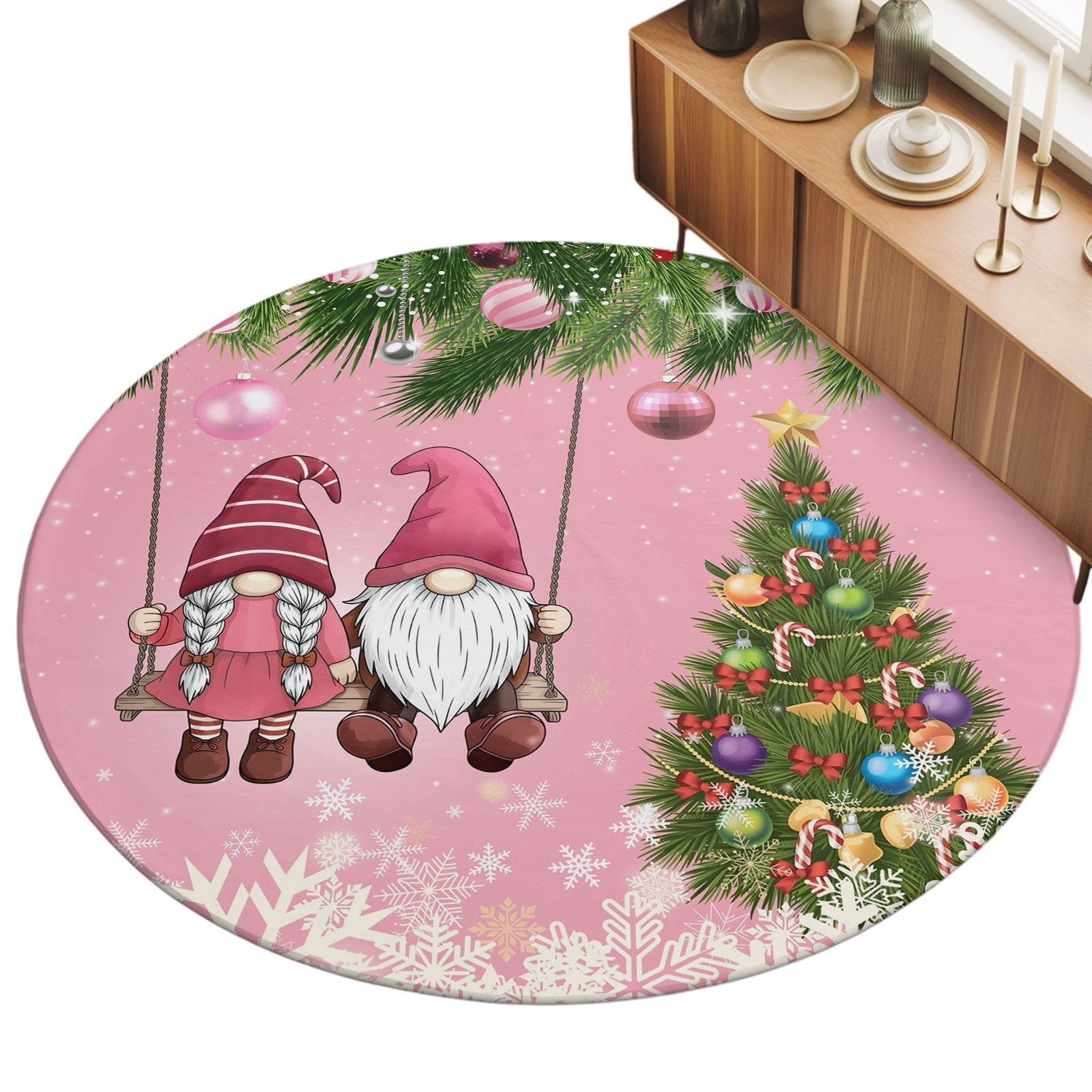 3.3ft Round Rug Pink Gnomes Christmas Area Rugs for Living Room Bedroom ...