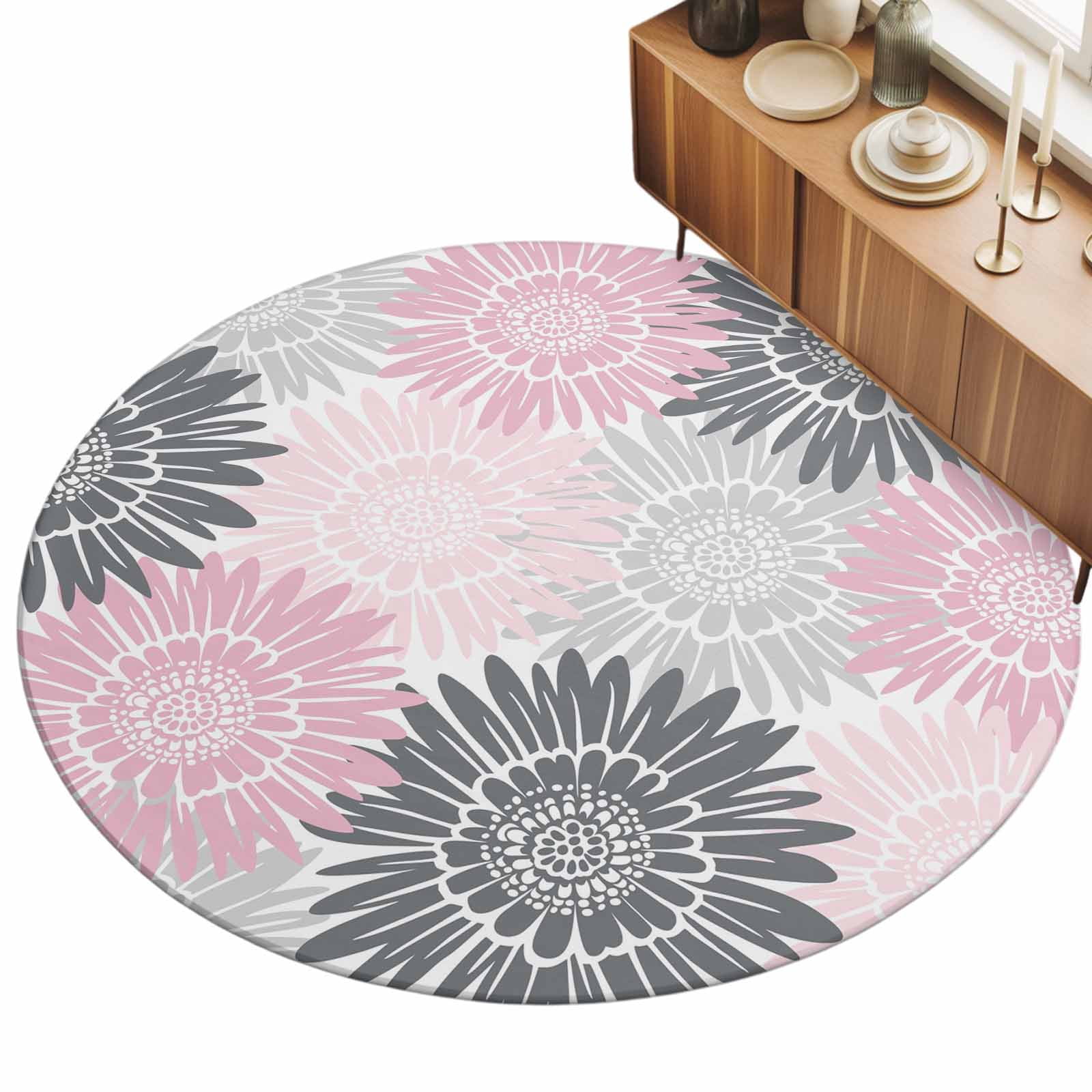 3.3ft Round Rug Pink Grey Sunflowers Area Rugs for Living Room Bedroom ...