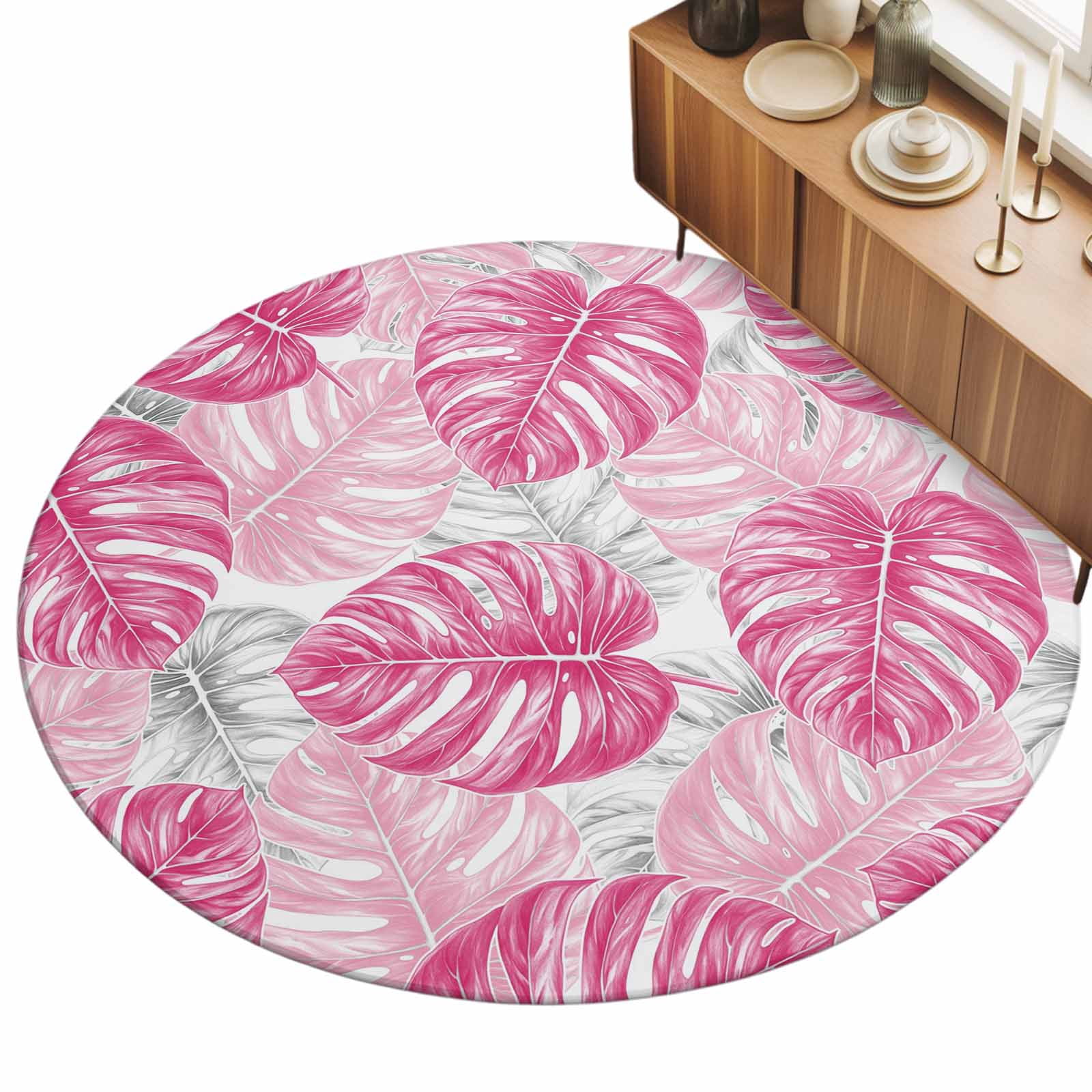 3.3ft Round Rug Pink Palm Leaf Area Rugs for Living Room Bedroom ...