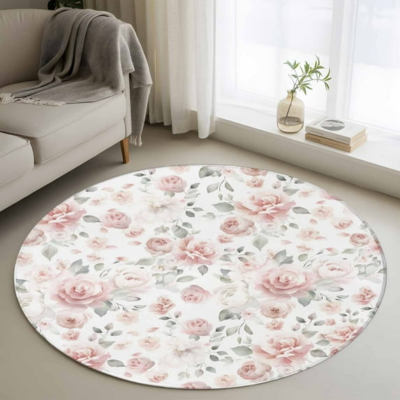 3.3ft Round Rug, Pink Rose Non-Skid Rubber Backing Large Area Rugs ...