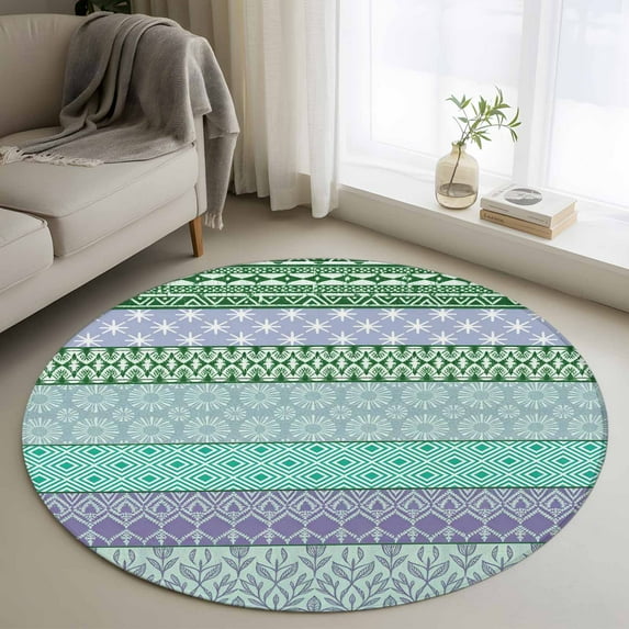 3.3ft Round Rug, Purple Green Boho Non-Skid Rubber Backing Large Area ...