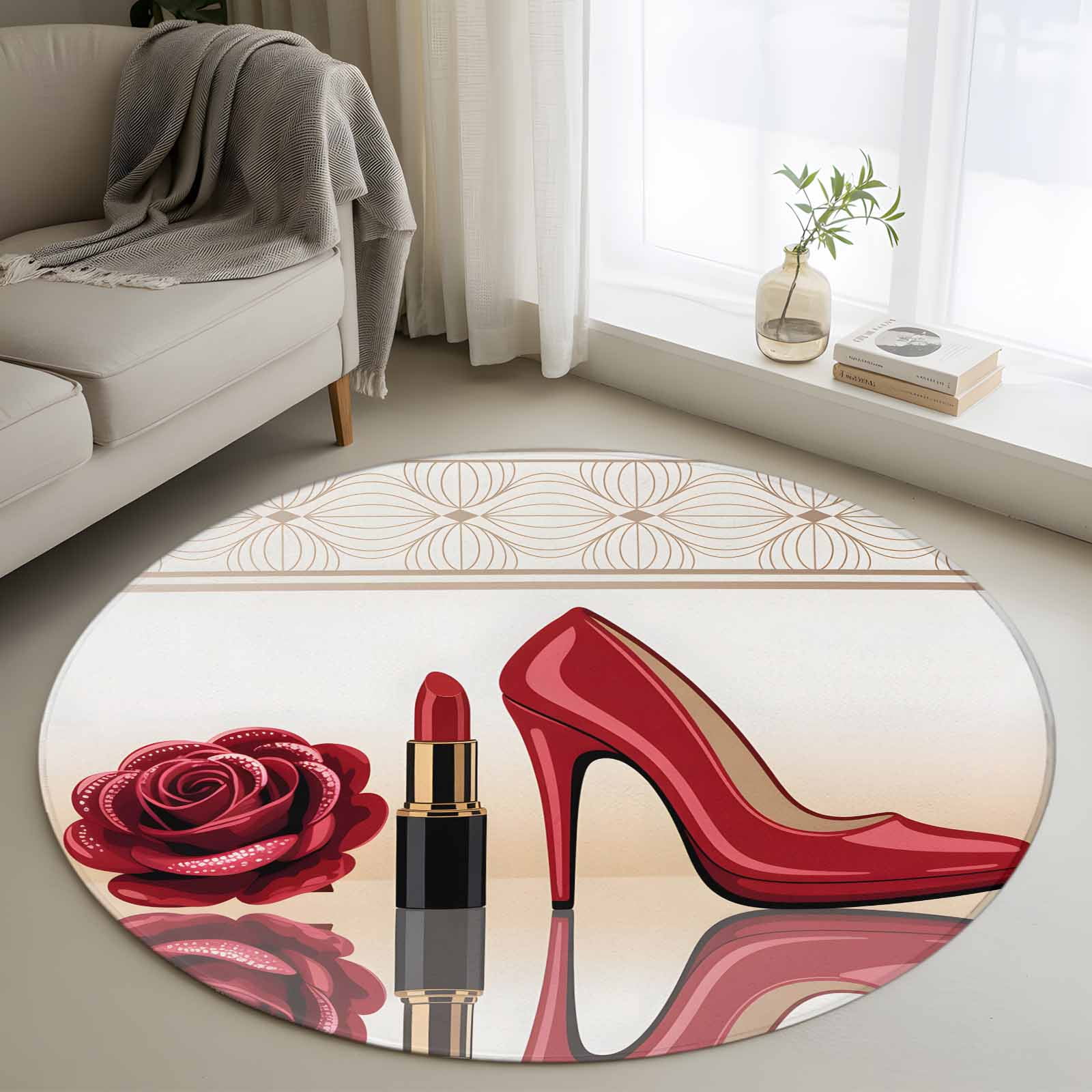 3.3ft Round Rug, Red Roses Non-Skid Rubber Backing Large Area Rugs ...