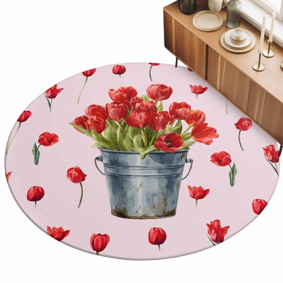 3.3ft Round Rug Red Tulip Flowers Area Rugs for Living Room Bedroom ...
