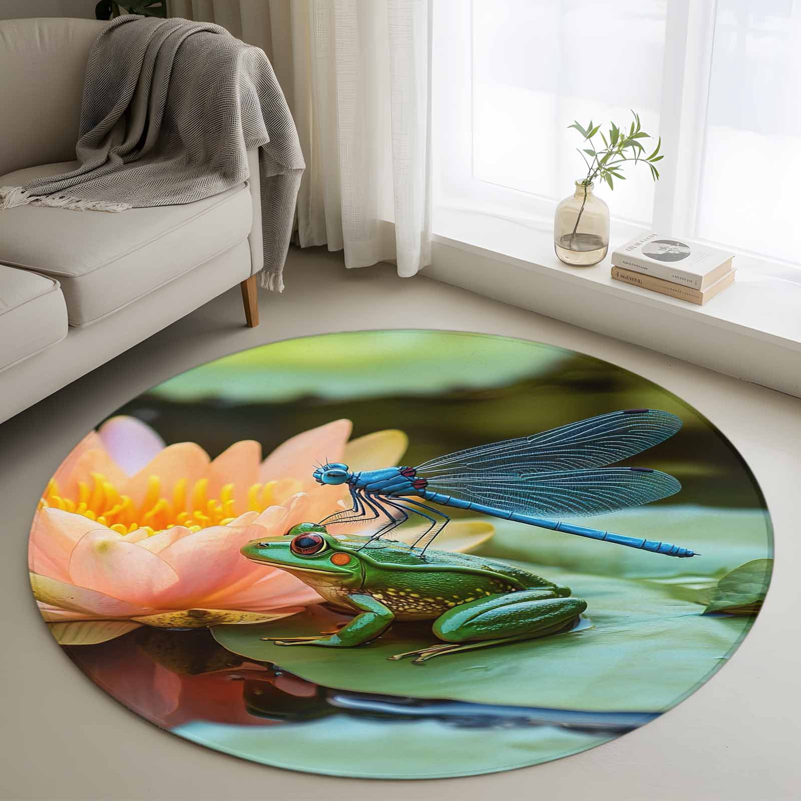 3.3ft Round Rug, Rustic Frog Dragonfly Non-Skid Rubber Backing Large ...