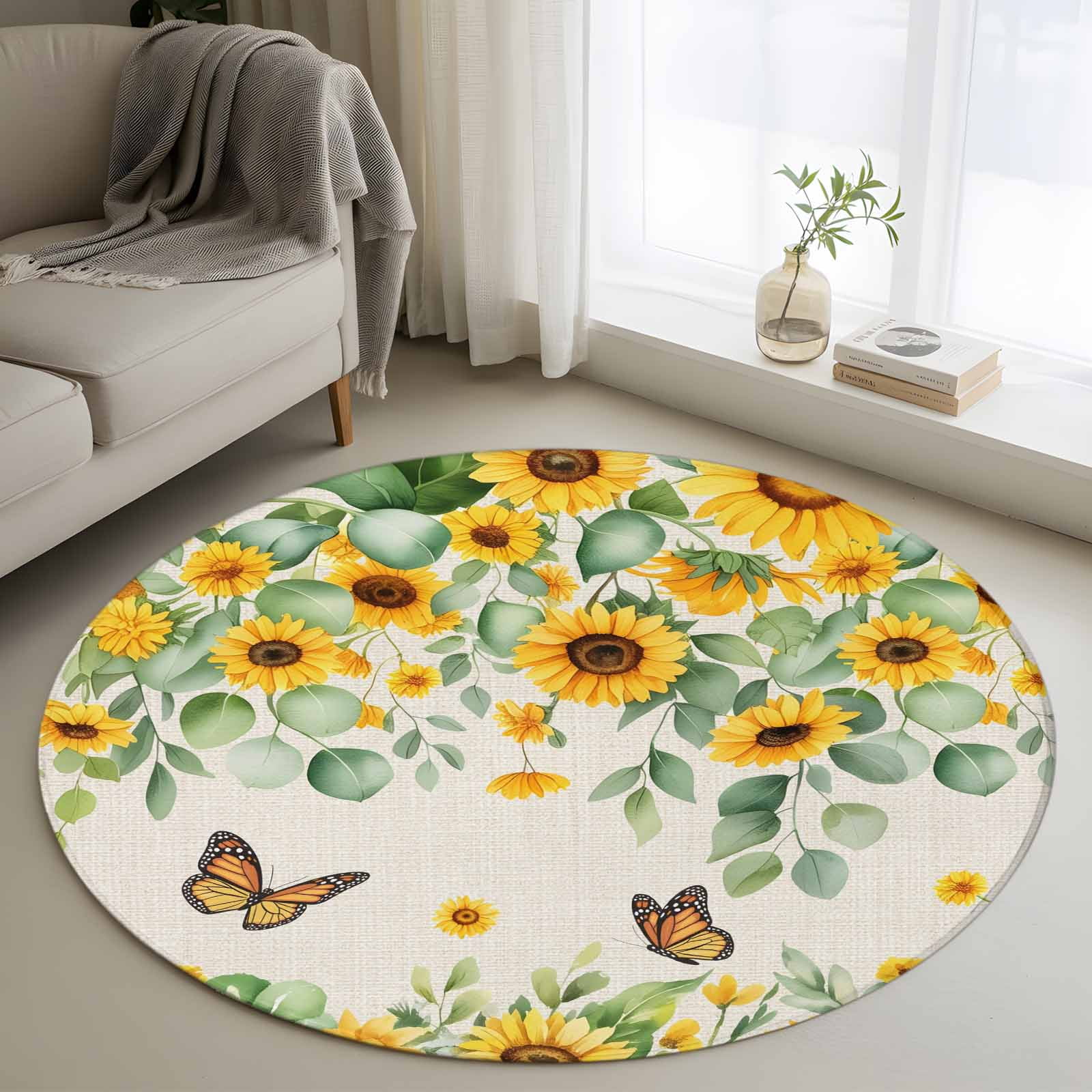 3.3ft Round Rug, Spring Sunflowers Non-Skid Rubber Backing Large Area ...
