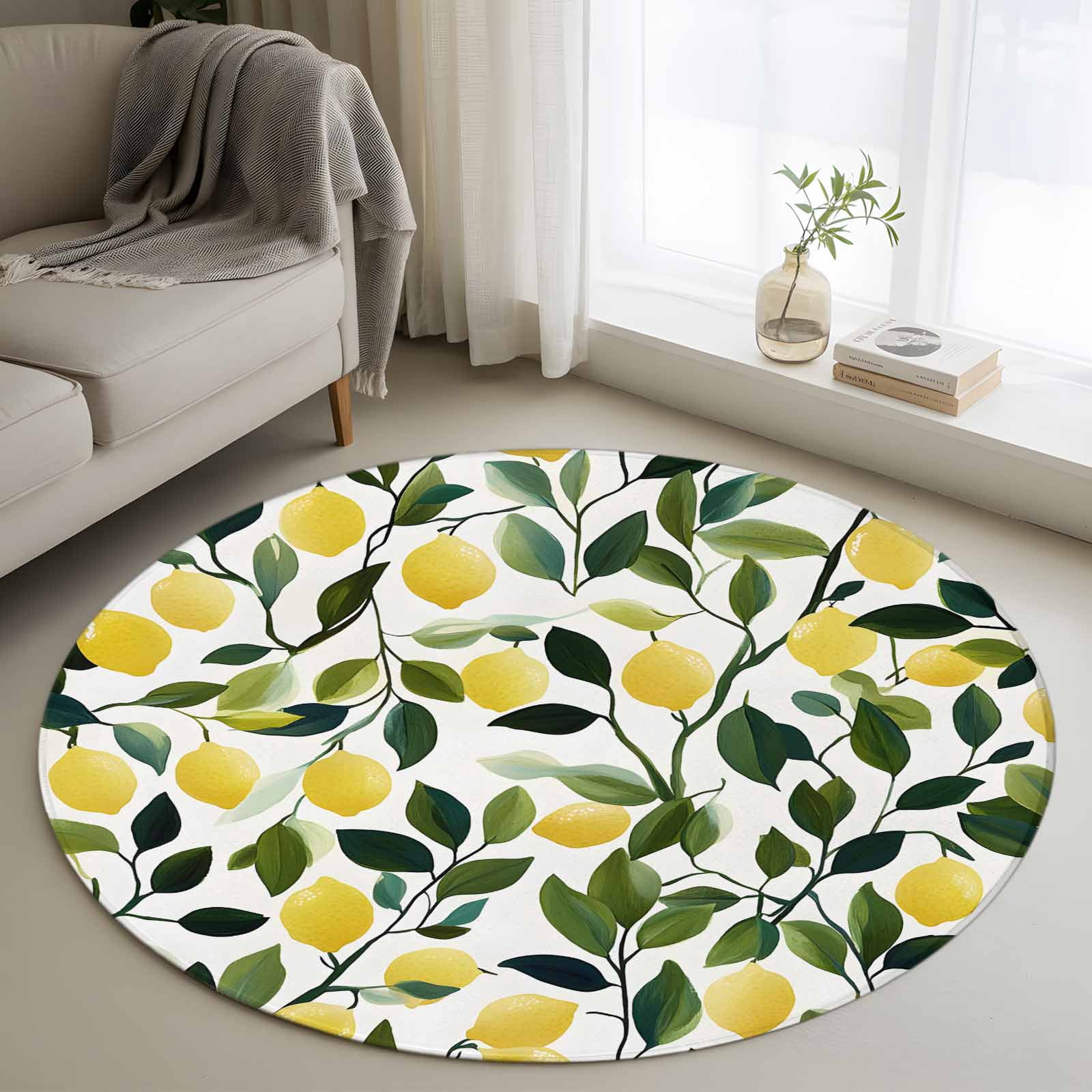 3.3ft Round Rug, Summer Lemon Non-Skid Rubber Backing Large Area Rugs ...