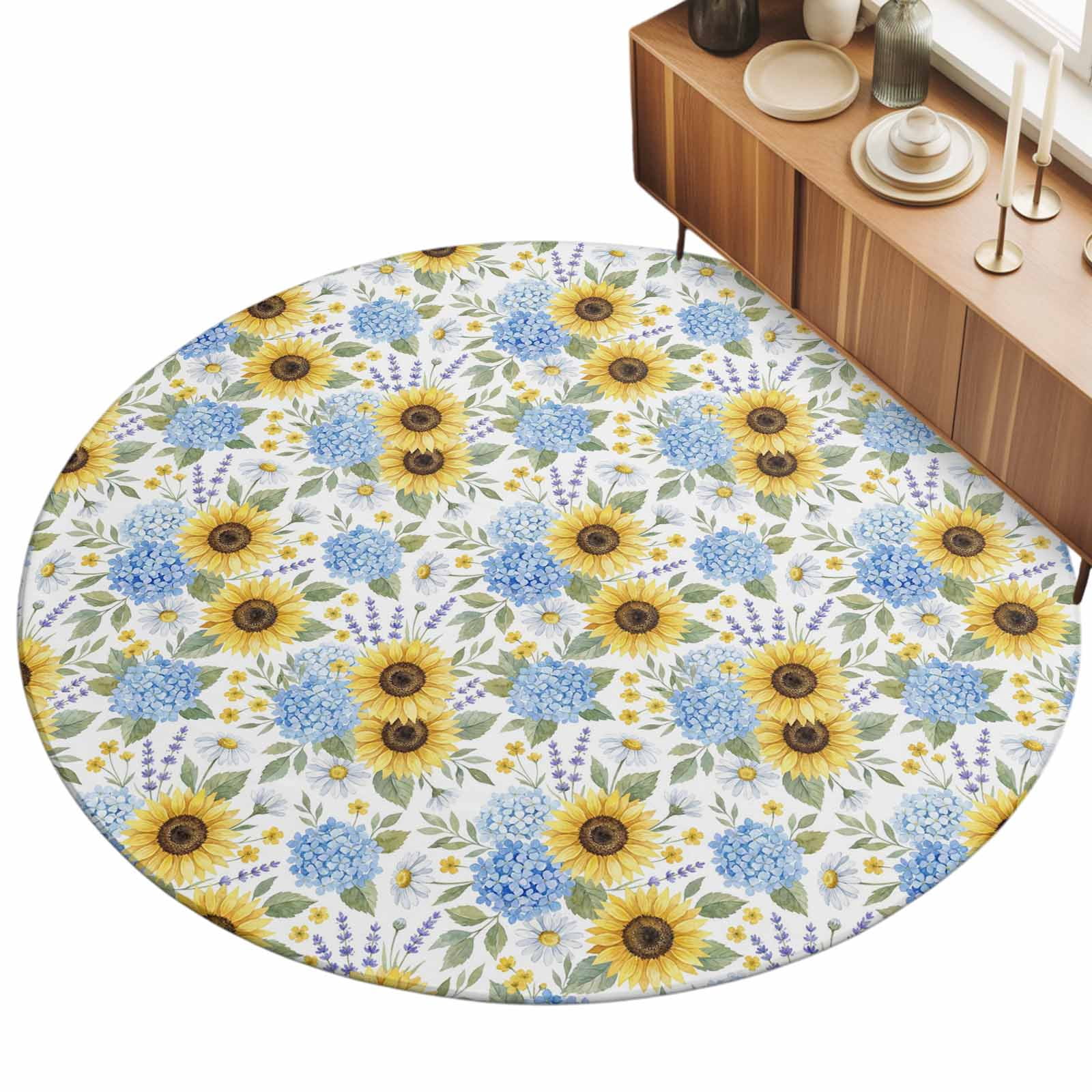 3.3ft Round Rug Sunflower Hydrangea Floral Area Rugs for Living Room ...